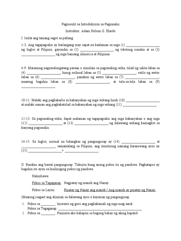 Pagsusulit Sa Pagsasaling Wika | PDF