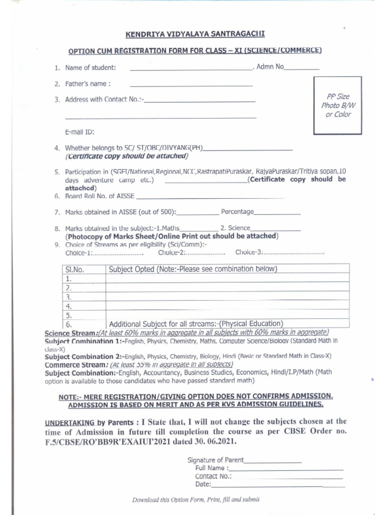 Option Cum Registration Form Class-11 | PDF