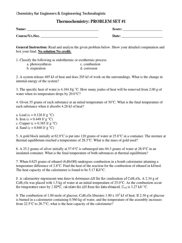 Thermochemistry: PROBLEM SET #1: Chemistry For Engineers & Engineering ...