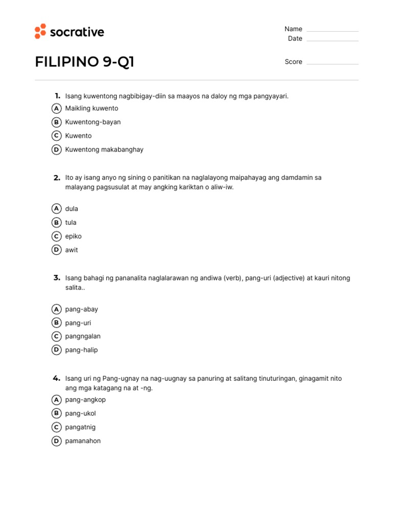 Quiz - FILIPINO 9-Q1 | PDF