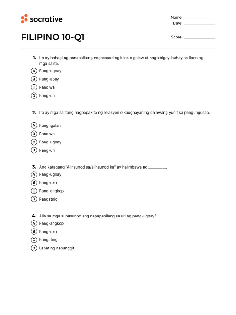 Quiz - FILIPINO 10-Q1 | PDF