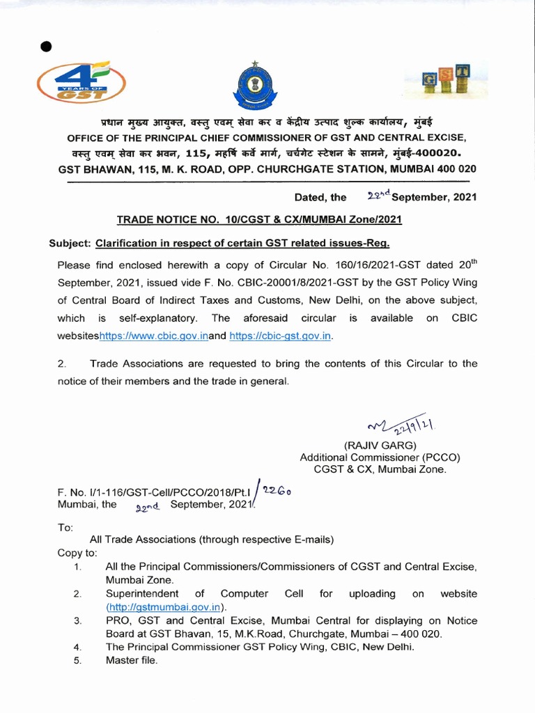 Trade Notice No 10-CGST & CX-MUMBAI Zone-2021 Dated 22september2021 ...