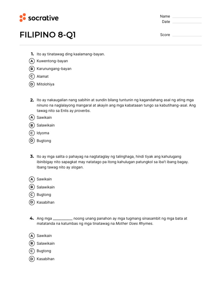 Quiz - FILIPINO 8-Q1 | PDF