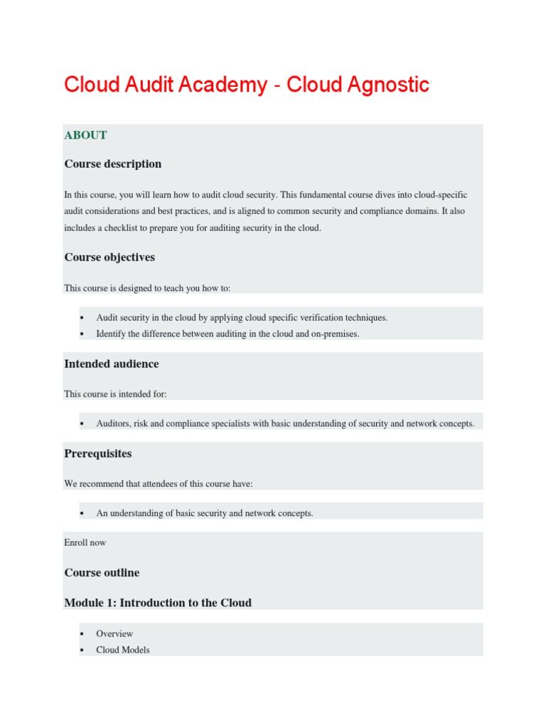 Cloud Audit Academy - Cloud Agnostic Security Course | PDF | Cloud Computing | Audit