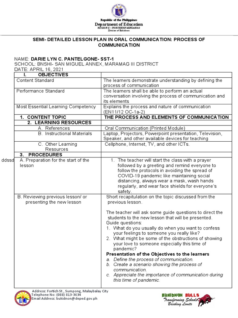 Oral Communication Lesson Plan | PDF | Communication | Human Nature
