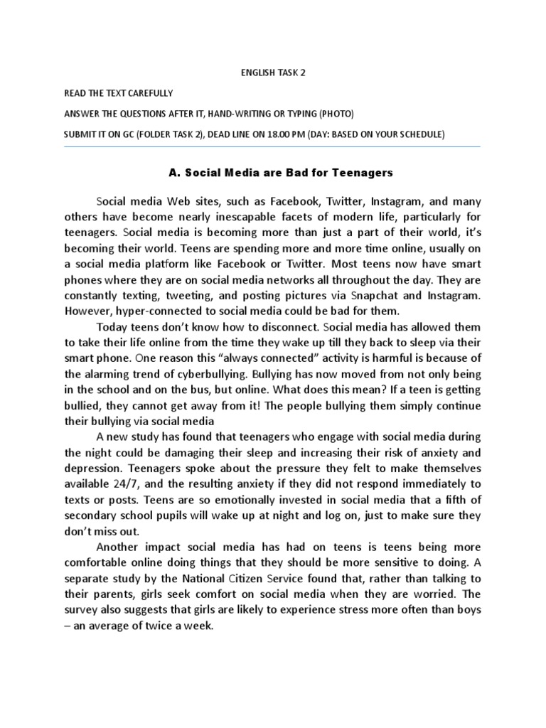 A. Social Media Are Bad For Teenagers | PDF | Social Media | Popular ...