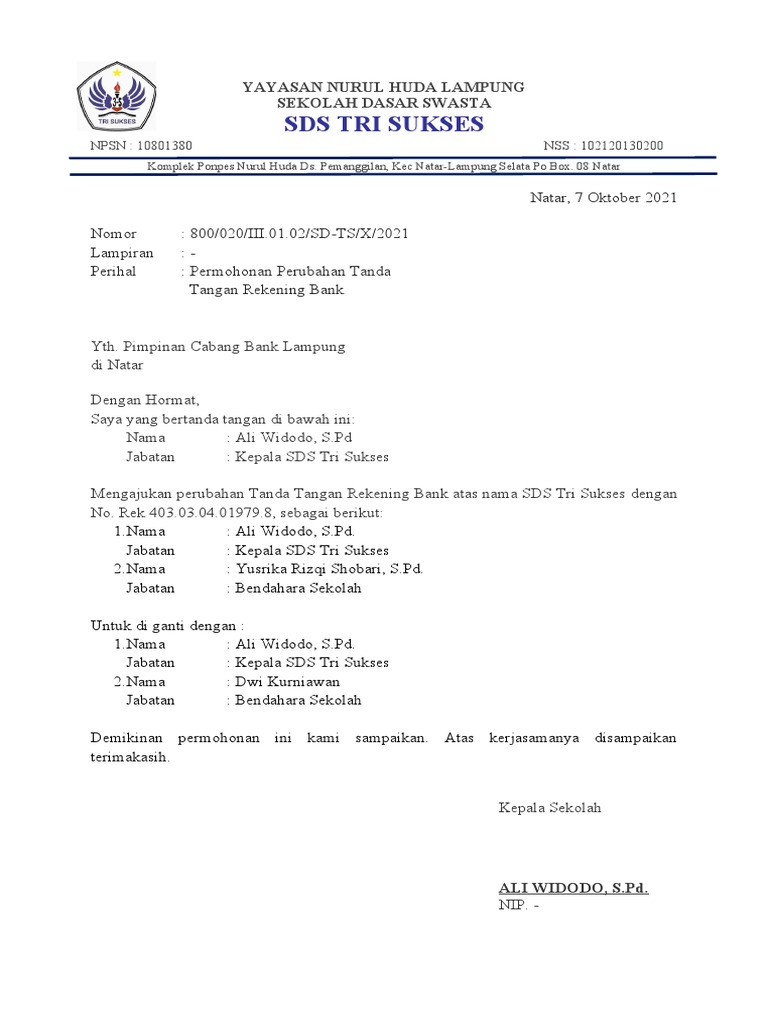 Surat Pengajuan Perubahan Specimen Rekening Bank | PDF