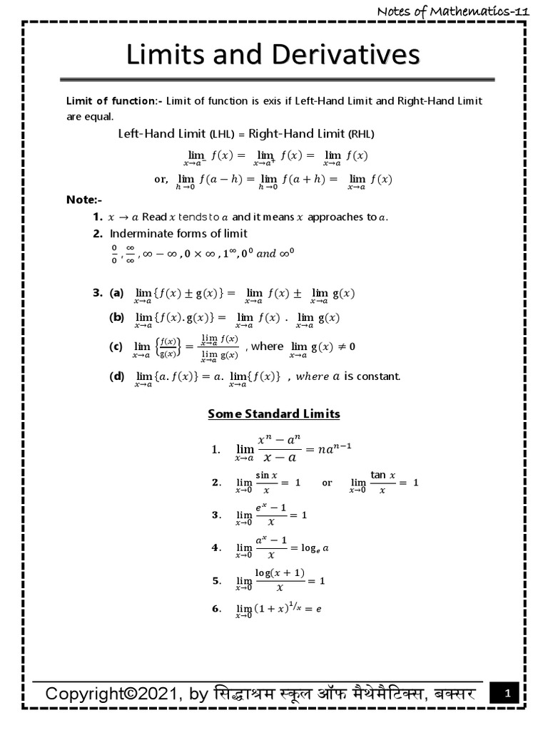 Limits and Derivatives: Left-Hand Limit Right-Hand Limit | PDF ...