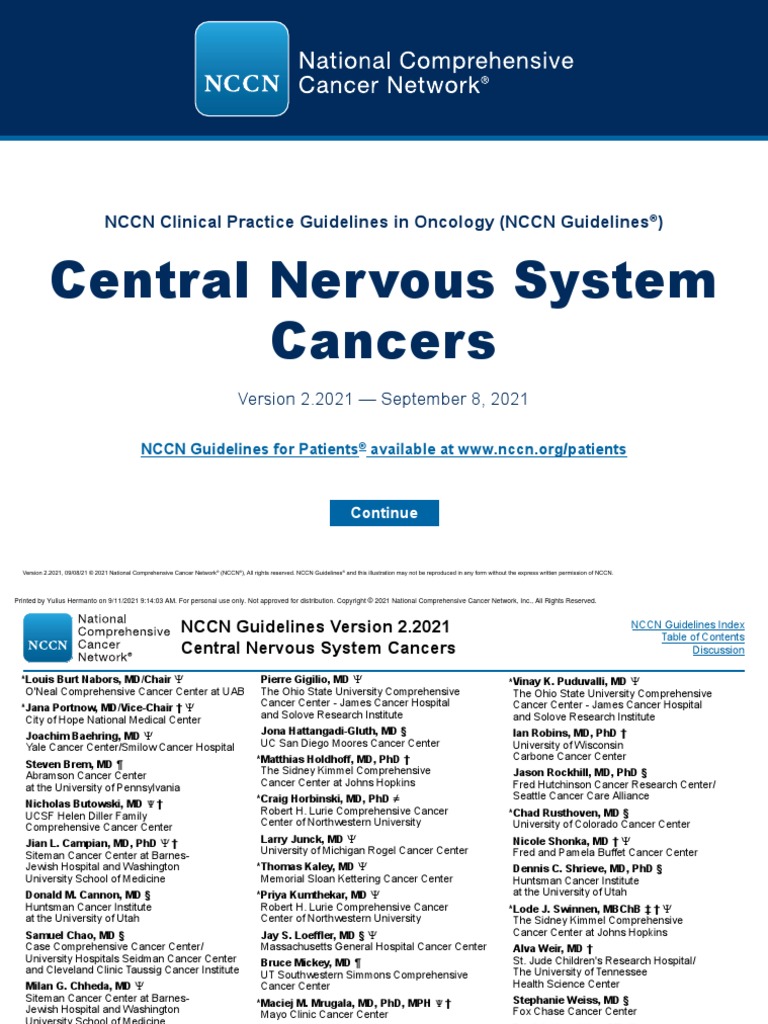 Central Nervous System Cancers: NCCN Clinical Practice Guidelines in Oncology (NCCN Guidelines ...