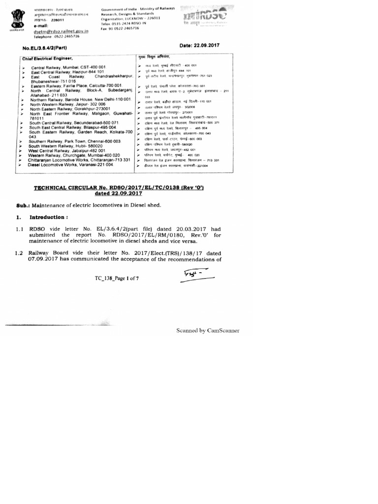 RDSO Technical Circular For Maintainig Electric Loco in Diesel Shed | PDF
