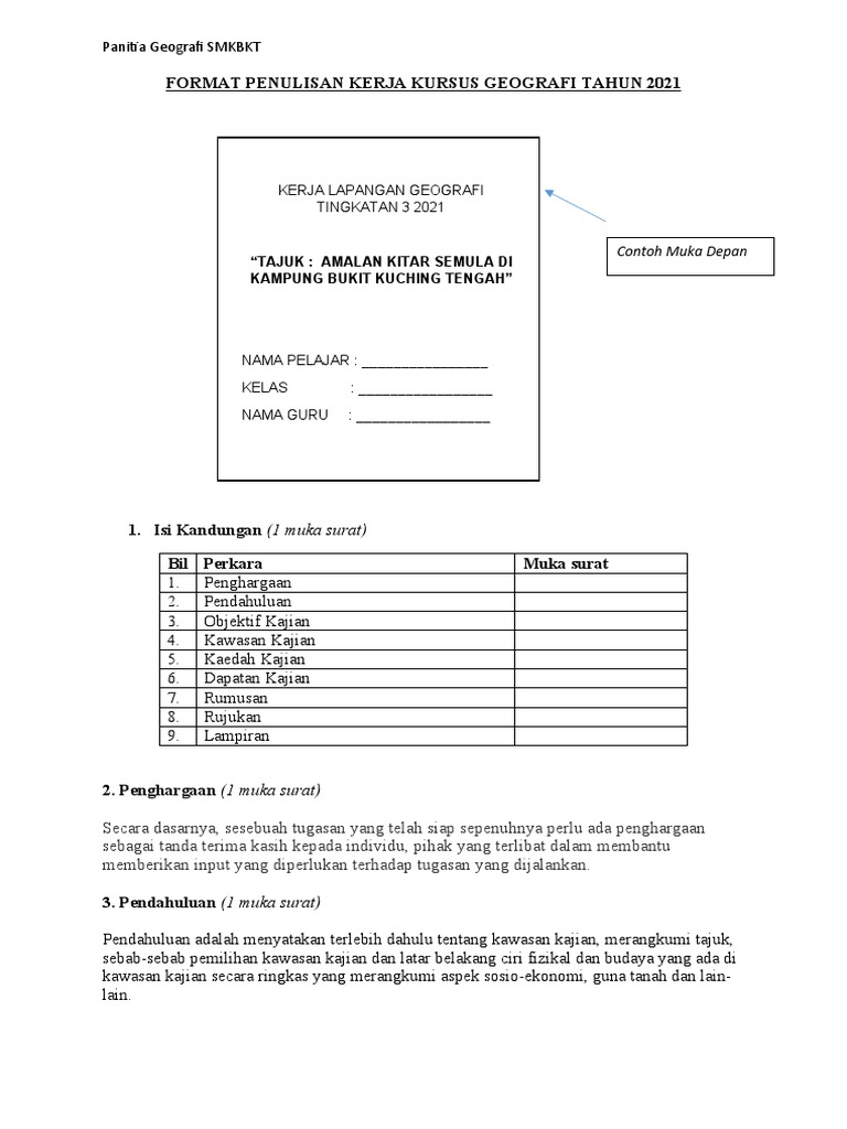 Format Penulisan Kerja Kursus Geografi Tahun 2021 | PDF