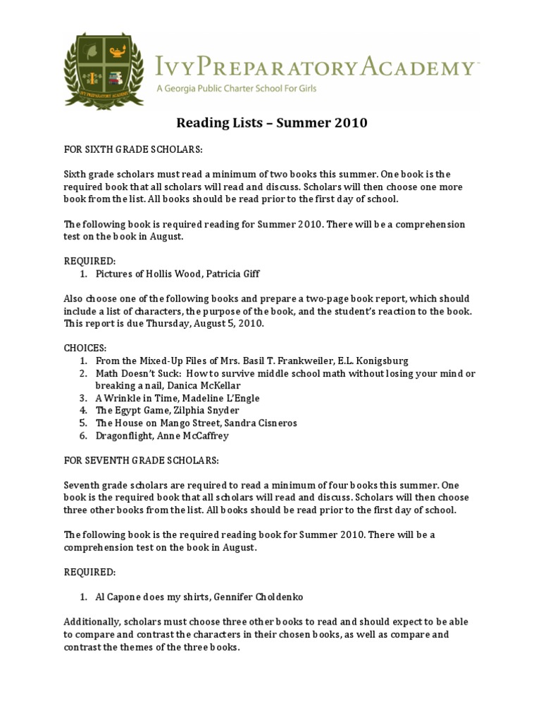 Summer Reading Lists and Requirements for 6th, 7th, and 8th Grade ...