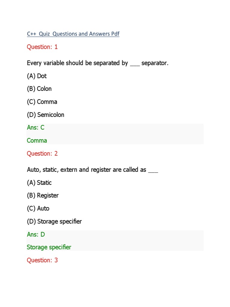 C++ Quiz Questions Answers | PDF