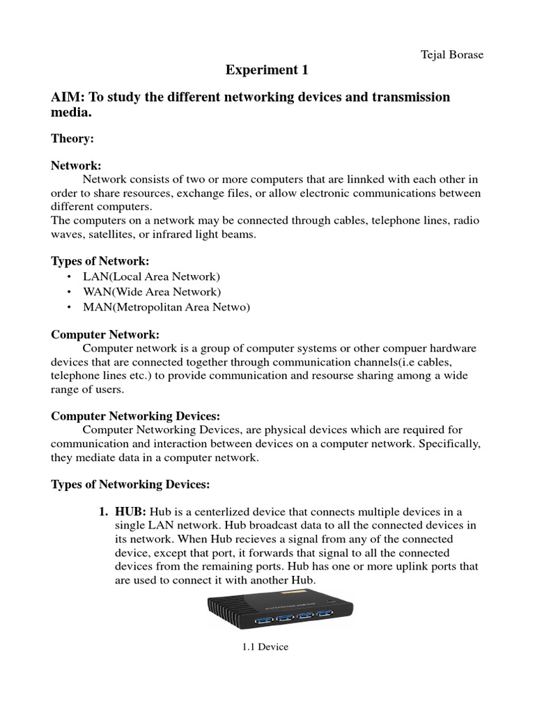 Experiment 1 AIM: To Study The Different Networking Devices and Transmission Media | PDF ...