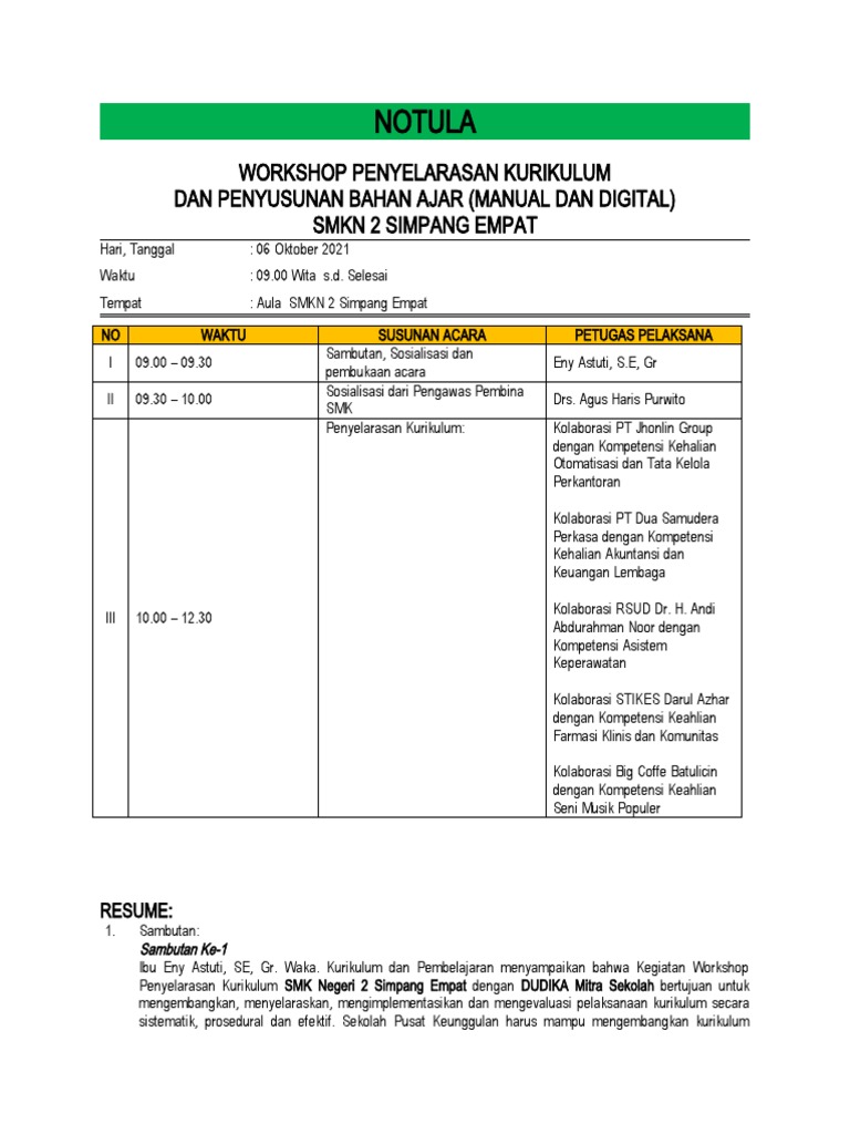 Notula Workshop Penyelarasan Kurikulum Dan Penyusunan Bahan Ajar Manual Dan Digital | PDF