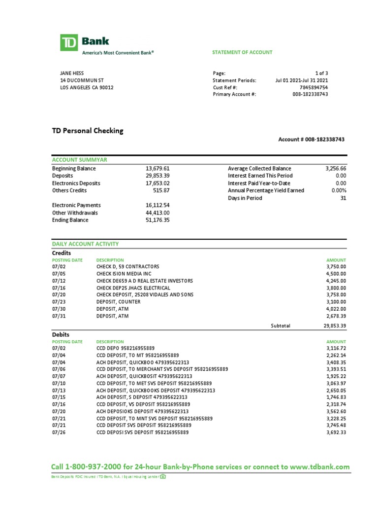 TD Personal Checking: Account # 008-182338743 | PDF | Banks | Deposit ...