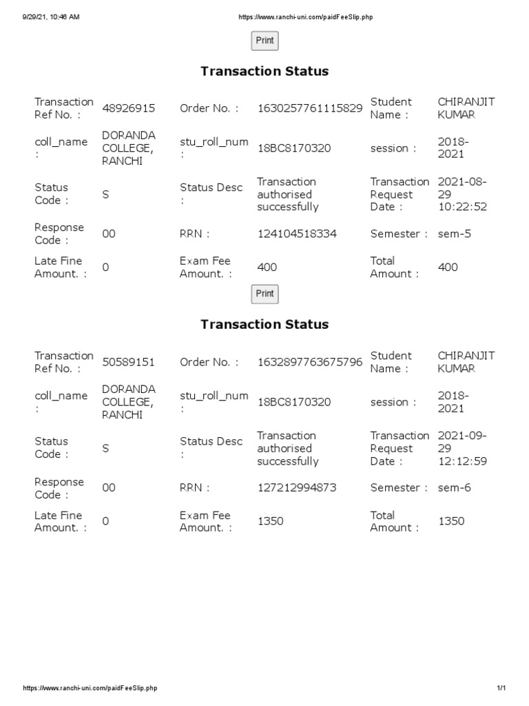 Transaction Status: Print | PDF