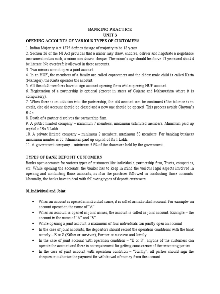 Banking Practice Unit 3: Opening Accounts of Various Types of Customers ...