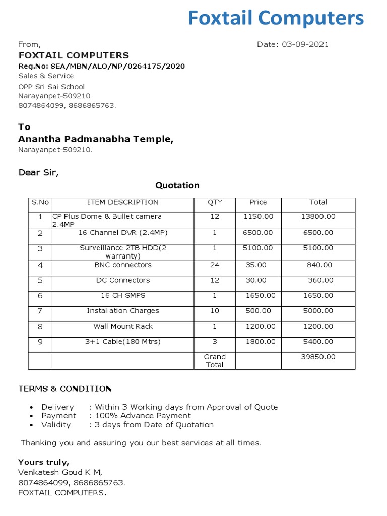 Foxtail Computers: Quotation | PDF