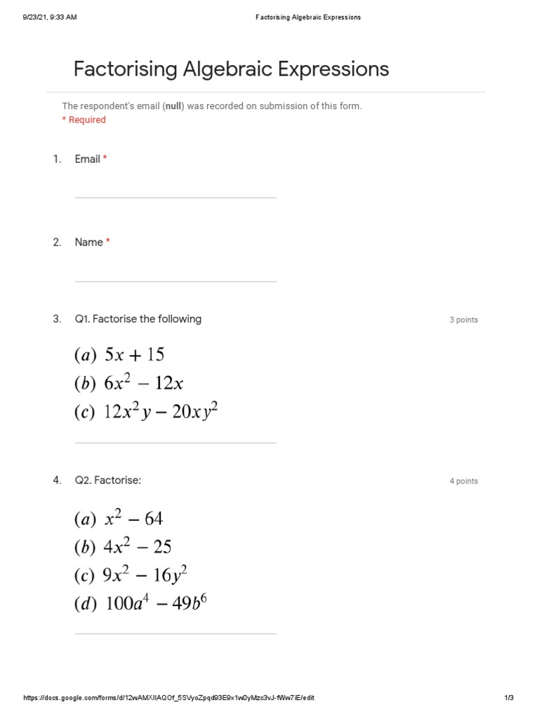 Factorising Algebraic Expressions Quiz | PDF | Career & Growth | Teaching Methods & Materials