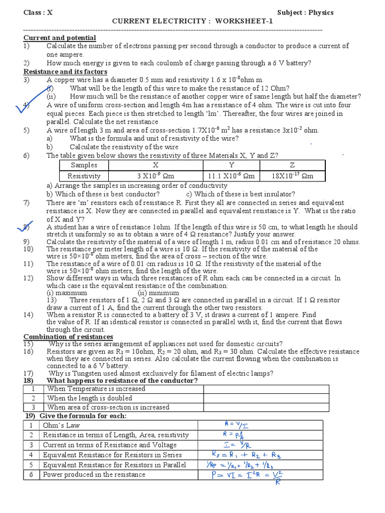X Physics Worksheet | PDF | Electrical Resistance And Conductance ...