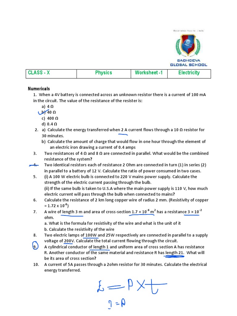Class - X Physics Worksheet - 1 Electricity: Numericals | PDF