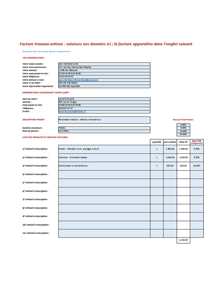 Modele Facture Travaux Batiment Gratuit | PDF | Taxe sur la valeur ...