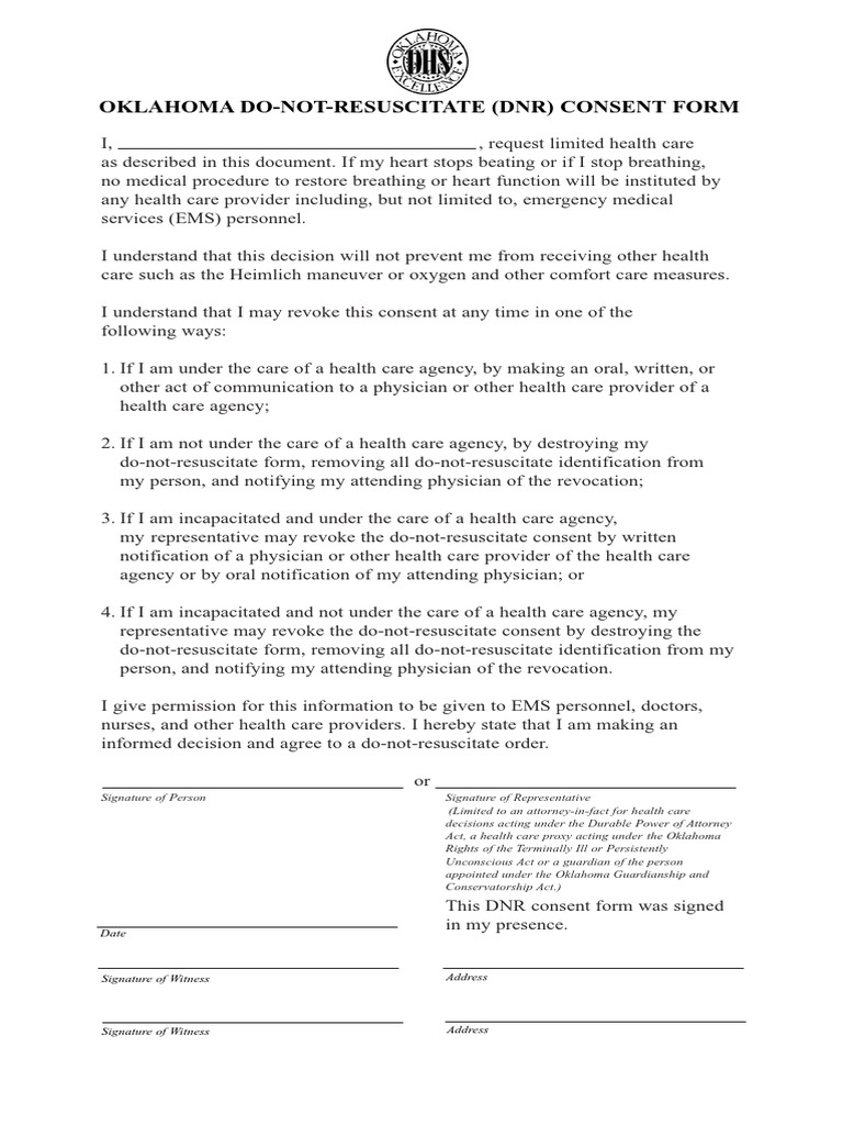 Oklahoma Do-Not-Resuscitate (DNR) Consent Form | PDF | Cardiopulmonary ...