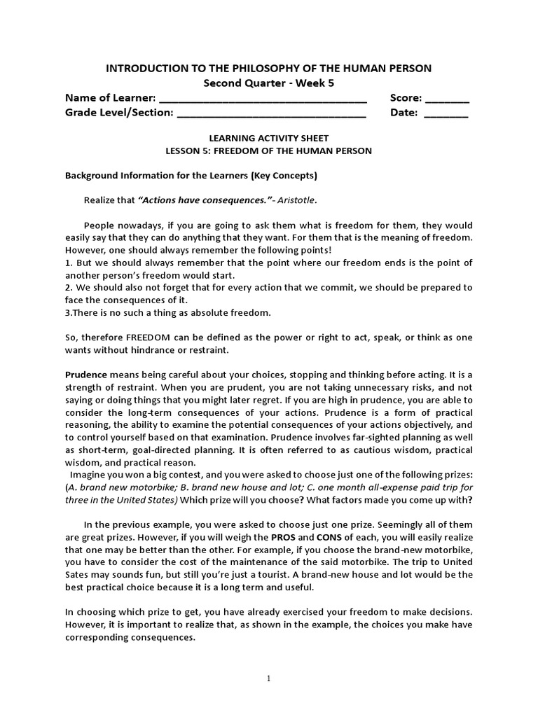 Learning Activity Sheet Lesson 5: Freedom of The Human Person ...