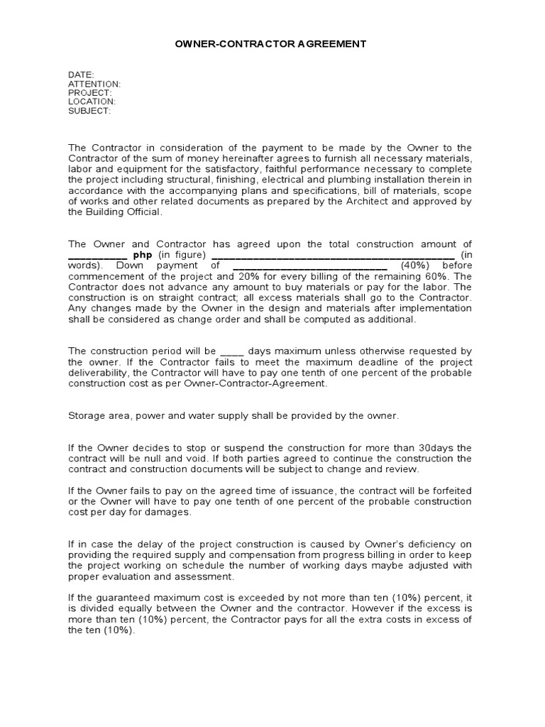 Owner-Contractor Agreement: Date: Attention: Project: Location: Subject ...