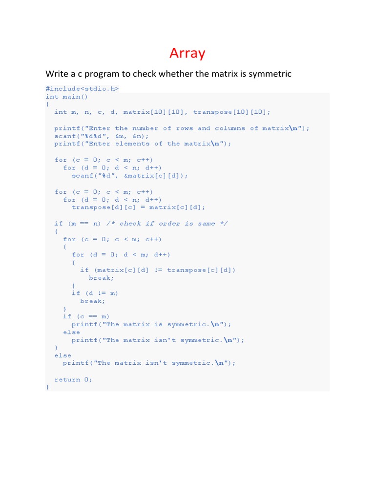 Array: Write A C Program To Check Whether The Matrix Is Symmetric | PDF ...
