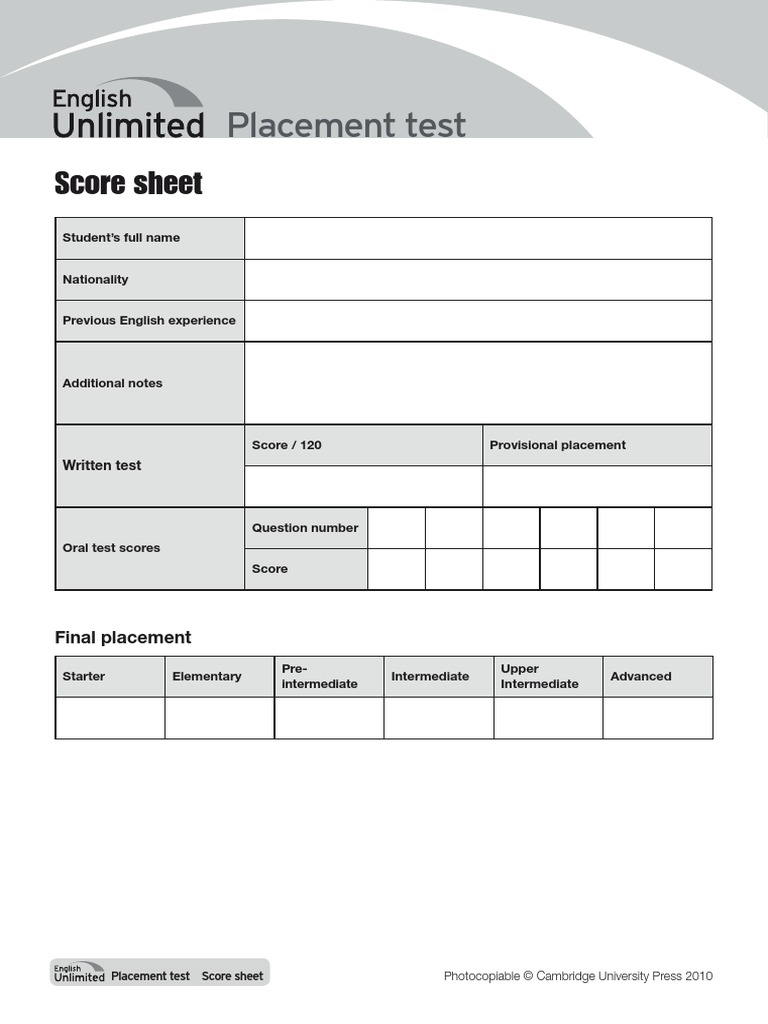 SCORE SHEET English Unlimited Complete Beginner Placement Test Score ...
