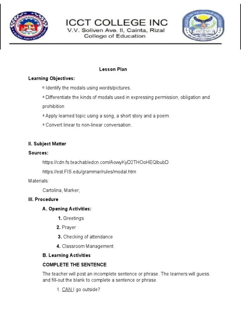 MODALS 4as Lesson Plan Garcia John Kevin C. | PDF | Communication ...