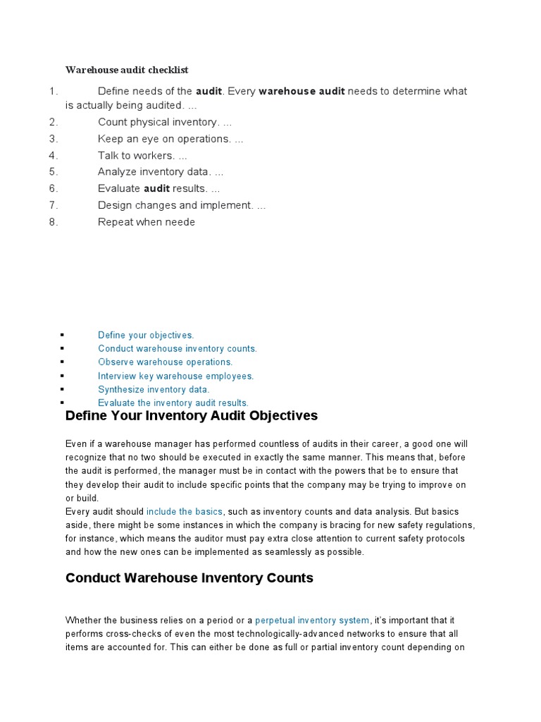 Warehouse Audit Checklist: Define Your Inventory Audit Objectives | PDF ...