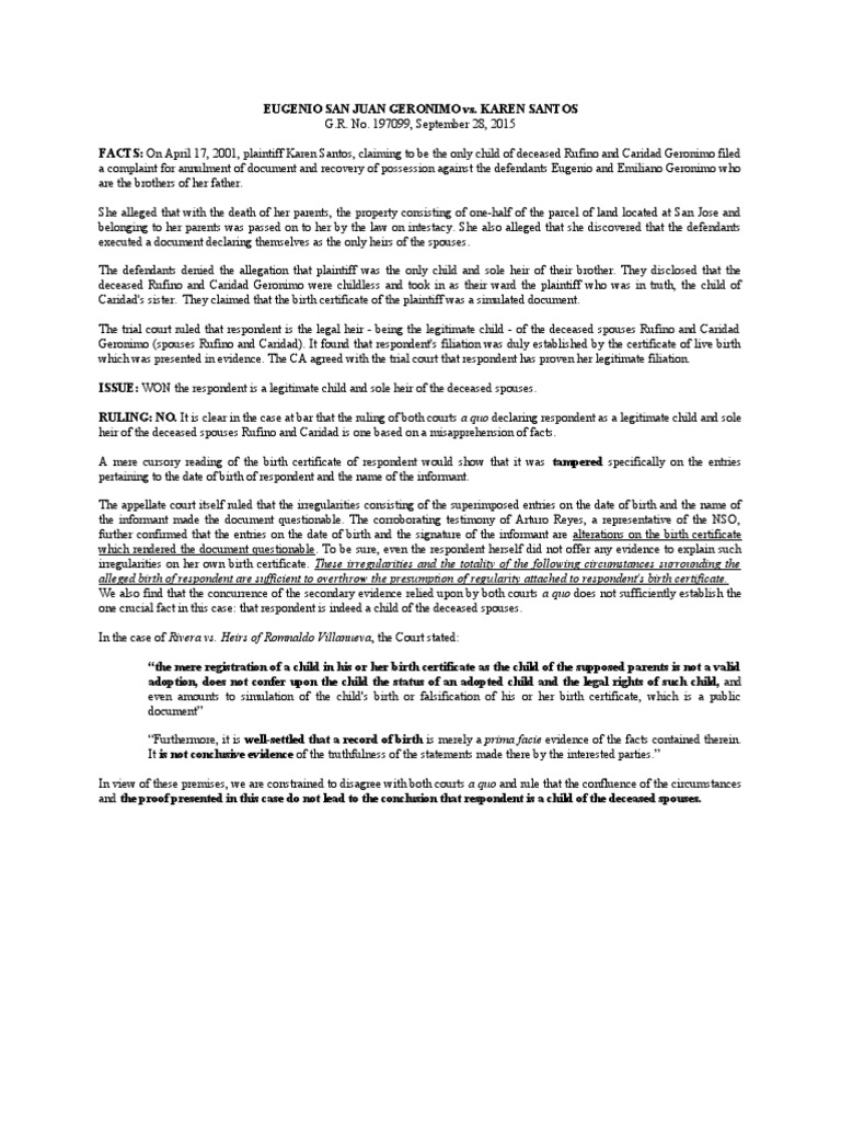 Geronimo Vs Santos | PDF | Birth Certificate | Common Law