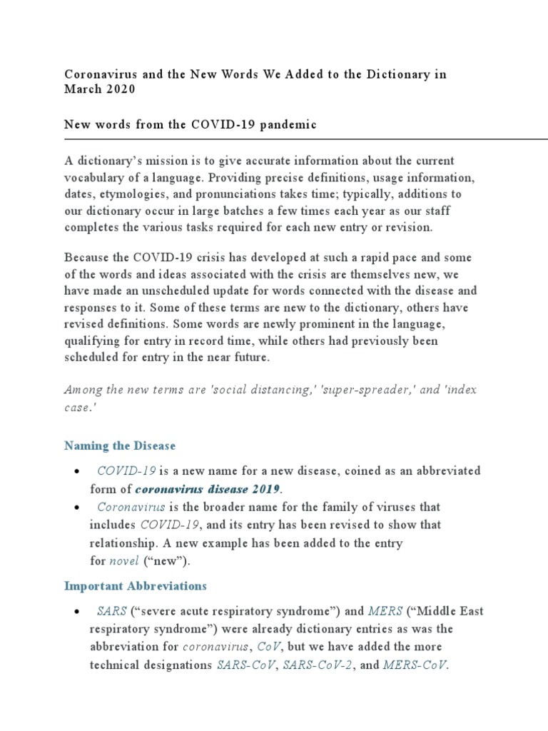 New Words We Added To The Dictionary in March 2020 - Coronavirus | PDF ...