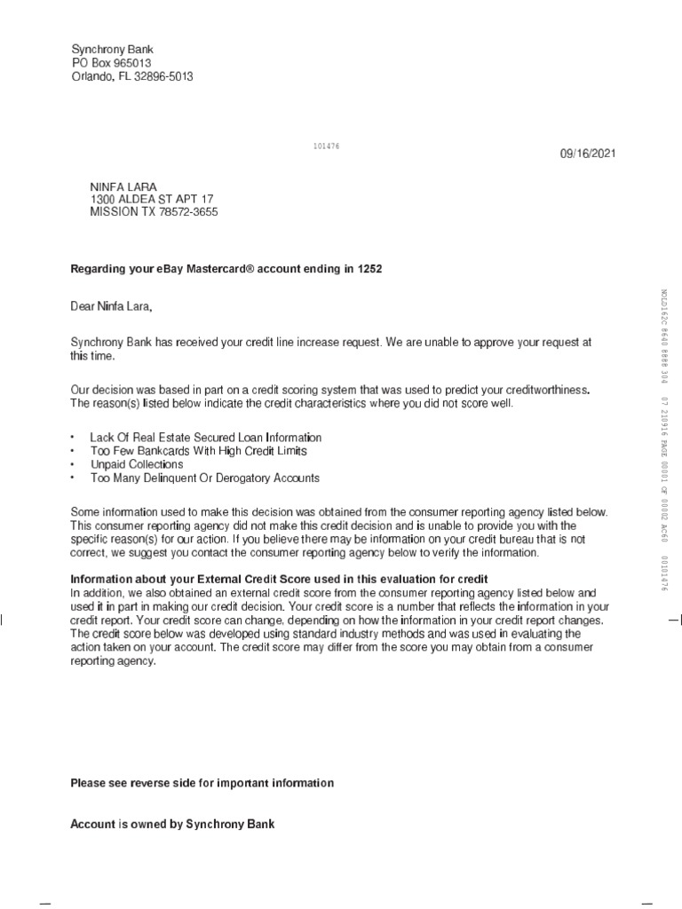 eBay Mastercard Credit Denial Notice | PDF | Credit Score | Credit
