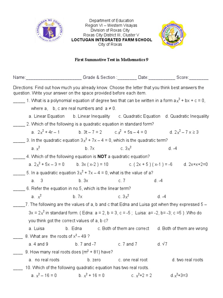 Math Test for Grade 9 Students | PDF | Equations | Quadratic Equation
