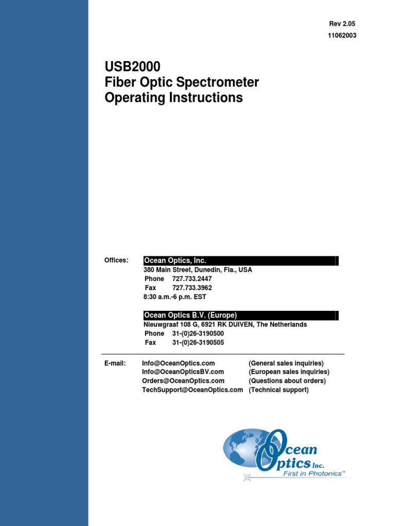 USB2000 Fiber Optic Spectrometer Operating Instructions: Ocean Optics ...