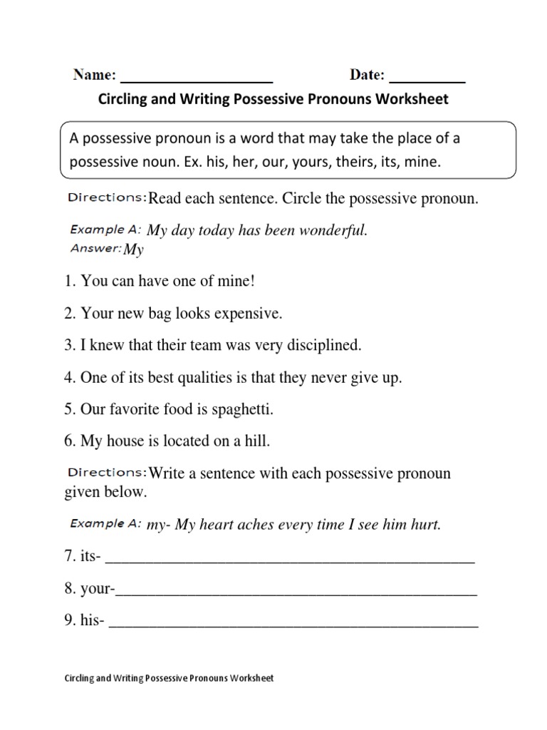 Circling and Writing Possessive Pronouns Worksheet: My Day Today Has ...
