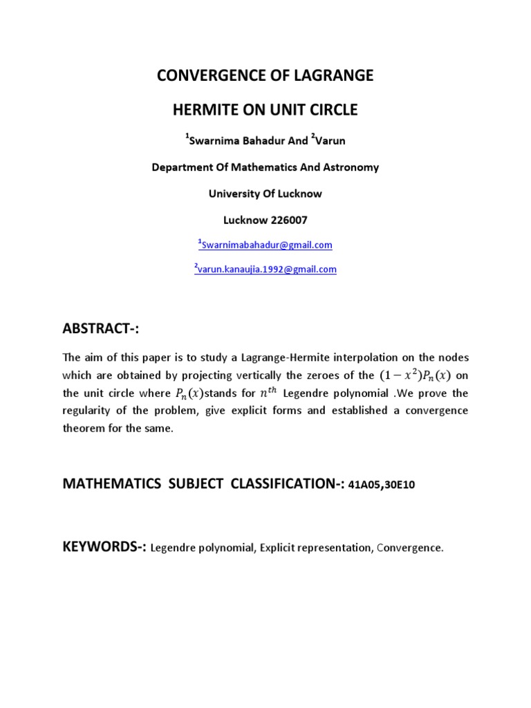 Convergence of Lagrange Hermite On Unit Circle: Abstract | PDF | Polynomial | Mathematical Concepts