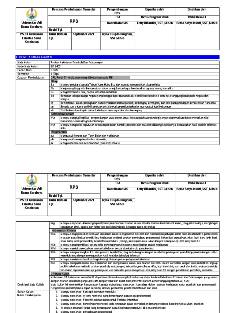 RPS Asuhan Kebidanan Pranikah Dan Prakonsepsi Edit | PDF RPS Asuhan Kebidanan Pranikah Dan Prakonsepsi Edit | PDF