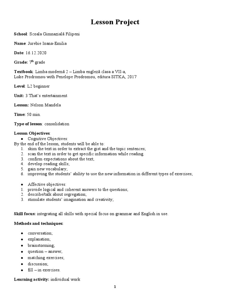Lesson Plan - Nelson Mandela (Consolidation) | PDF | Teachers | Vocabulary