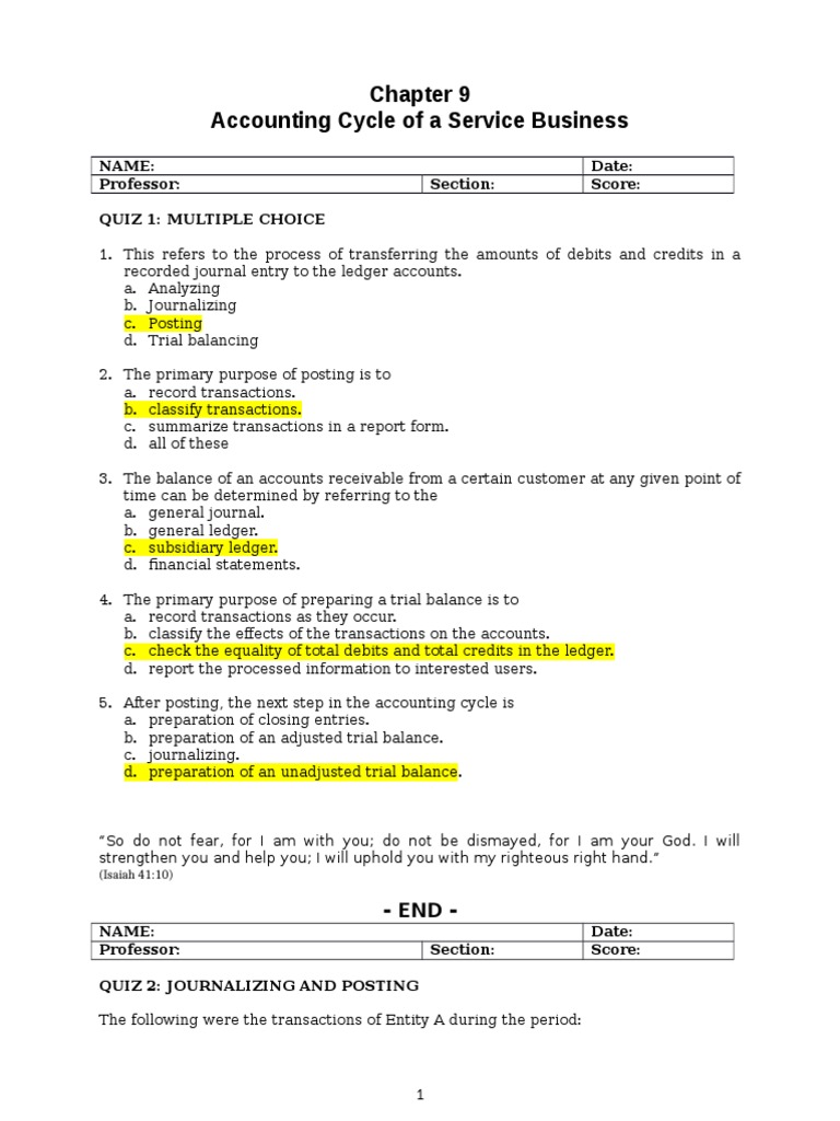 Chapter 9 Accounting Cycle Quiz | PDF | Debits And Credits | Expense