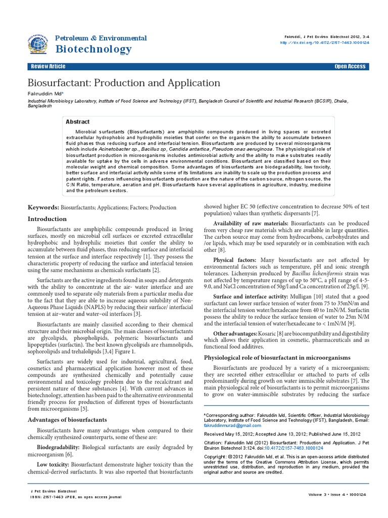 Biosurfactant Production and Application 2157 7463 3 124 | PDF ...