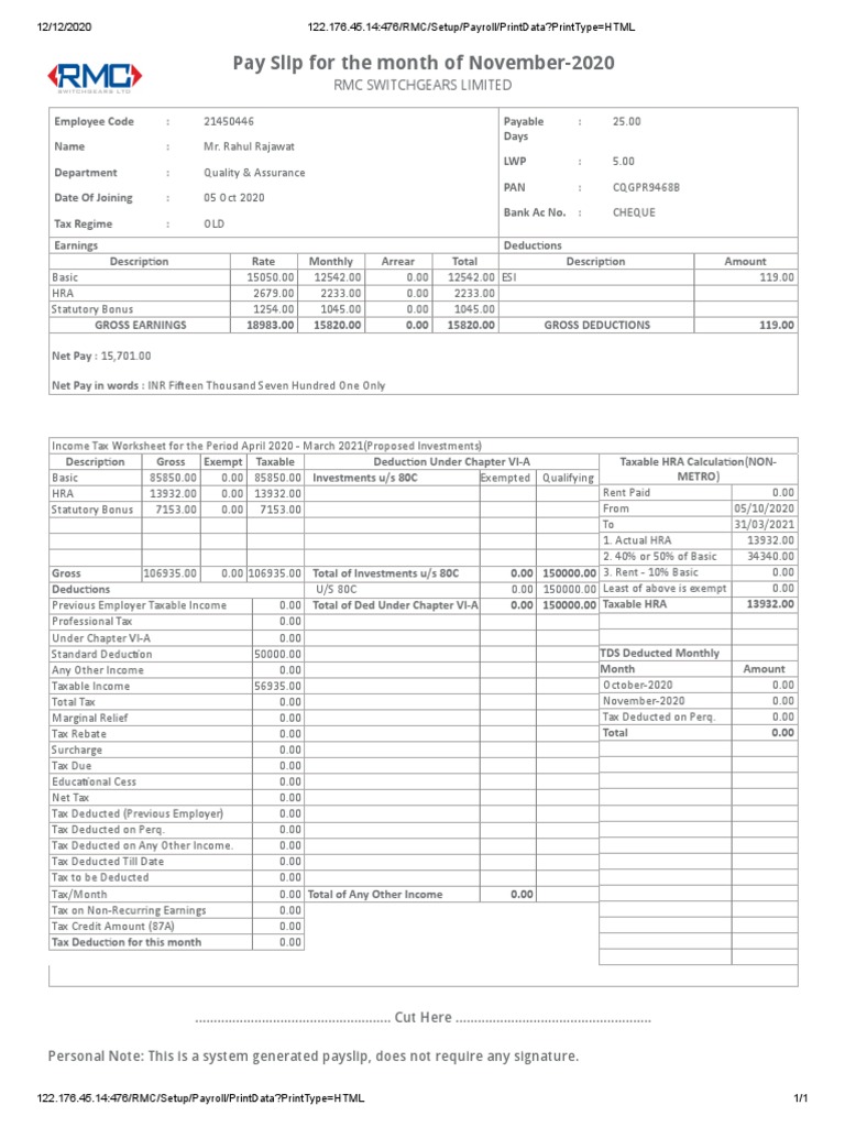 Salary Slip Nov | PDF | Payroll Tax | Taxes