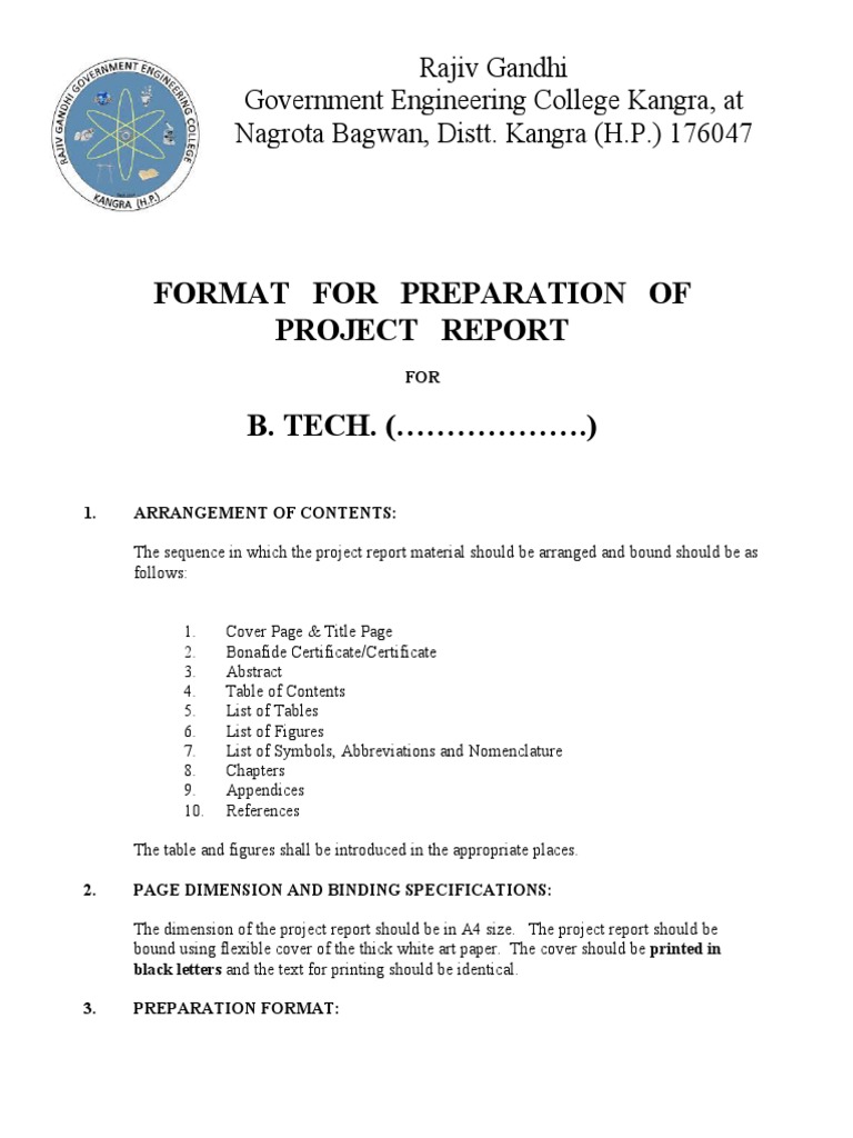 Format For Preparation of Project Report B. TECH. ( .) | Descargar ...