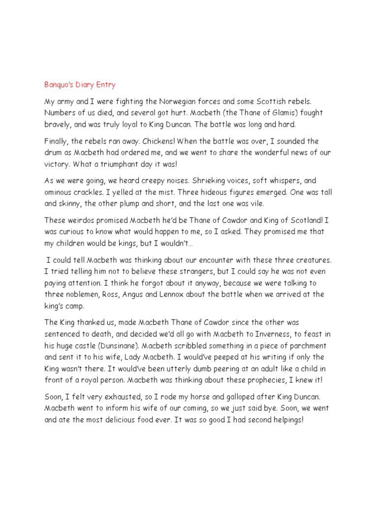 Banquo's Diary Entry | PDF | Macbeth | Shakespearean Tragedies