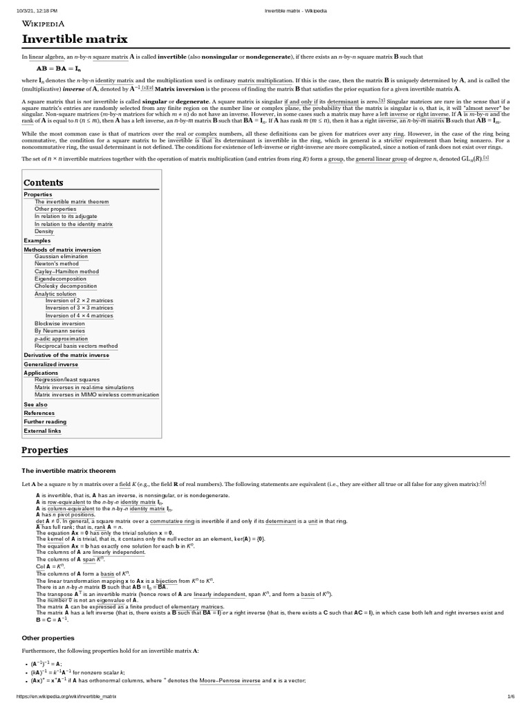 Invertible Matrix - Wikipedia | PDF | Matrix (Mathematics) | Determinant