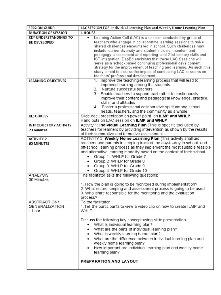 LAC Session Guide: ILMP & WHLP Overview | PDF | Learning | Teachers
